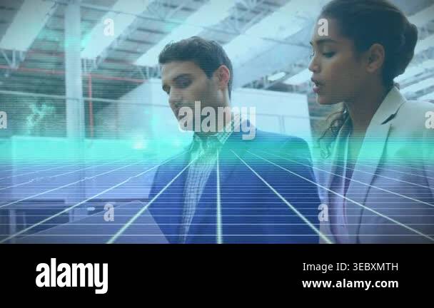 Animation of blue glowing grid over diverse group of warehouse workers ...