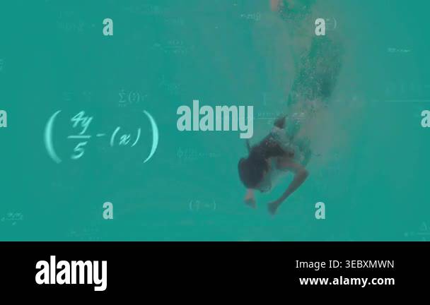 Underwater, woman swimming with animation of mathematical equations ...