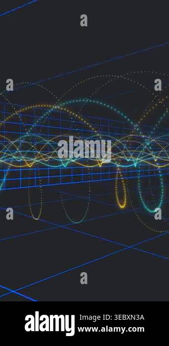 Vertical video: Playback starting, neon waves waving l-r, nodes tracing ...