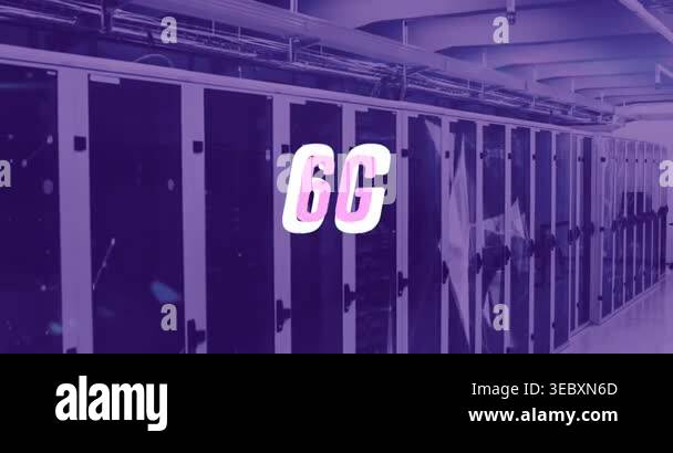 Animation of text and scope scanning over server room. Global ...