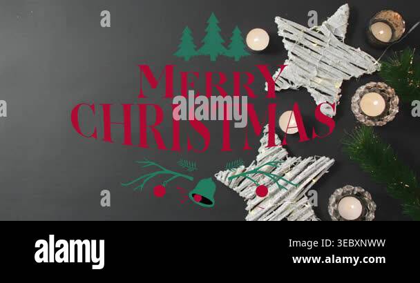 Animation of merry christmas text over christmas decorations. Christmas ...