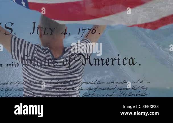 Animation of waving american text and cityscape. american patriotism ...
