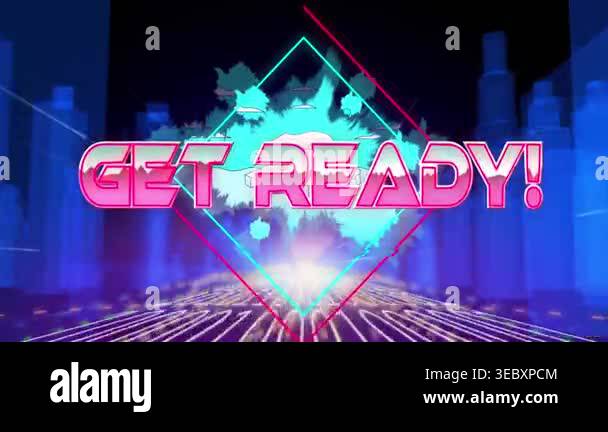 Animation of get ready text over digital city on black background ...