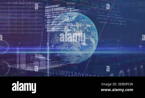 Animation of digital data over globe and grid. Global business and ...