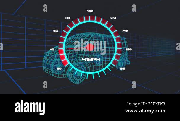 Animation of 3d car model over grid on black background. Global ...