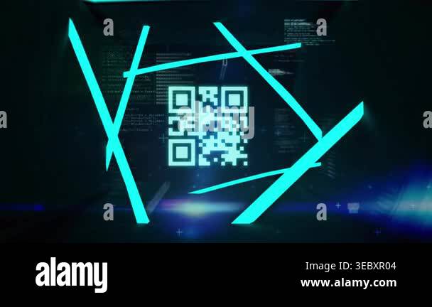Animation on neon qr code over green tunnel with data. Communication ...