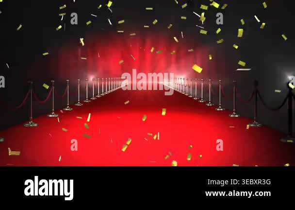 Animation of confetti over red carpet and lights on black background ...