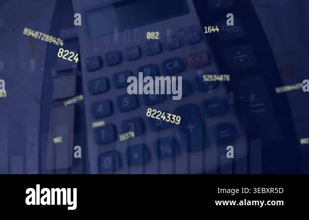 Animation of numbers floating over vintage calculator. Global finance ...