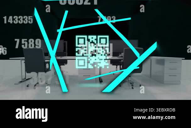 Animation of qr code, neon stripes and financial data processing ...