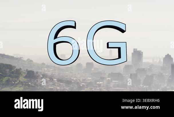 Animation of 6g text over cityscape. Global networks, communication ...