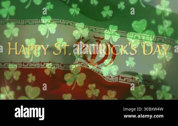 On loop centering gold greeting on waving IR flag, clovers drifting ...