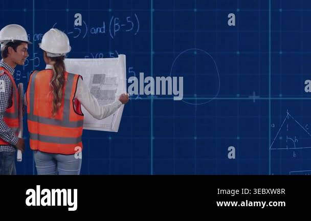 Animation of mathematical equations over caucasian workers with schema ...