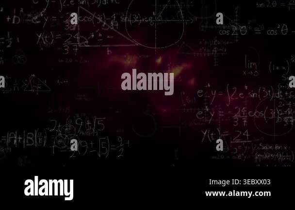 Animation of mathematical equations over shapes on black background ...