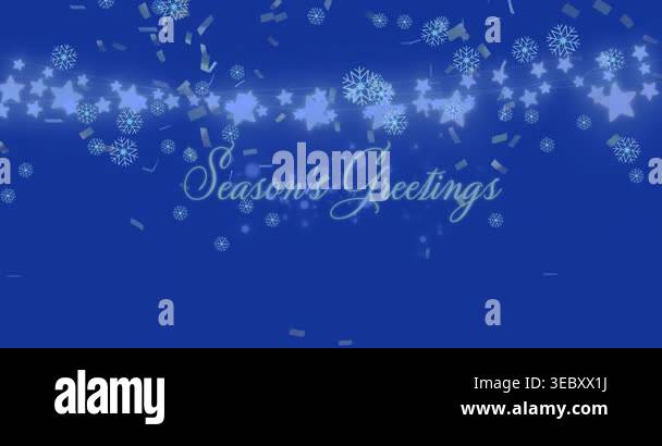 Animation of snowflakes and confetti falling over seasons greetings ...