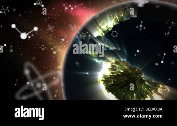 Animation of molecular structures floating over spinning globe in space ...