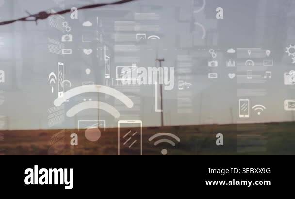 Animation of data processing and diagrams over wind turbines on field ...