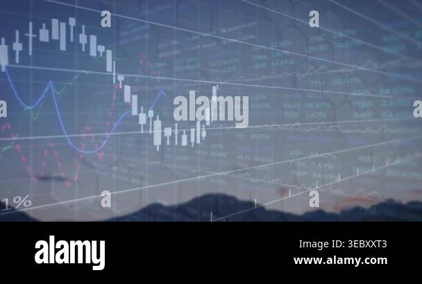 Animation of data processing and diagrams over cityscape. Global ...