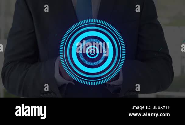 Animation of processing circle over hands of caucasisn man using ...
