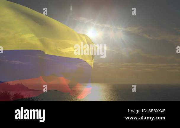 Sea breeze sending translucent tricolor flag waving, revealing sun ...