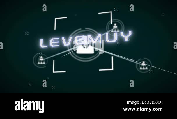 Animation of level up text, network of connections with icons and data ...