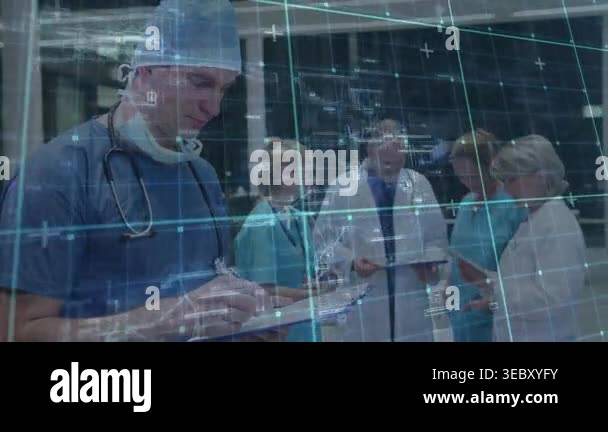 Medical team in scrubs writing on clipboard or tablet with hologram ...