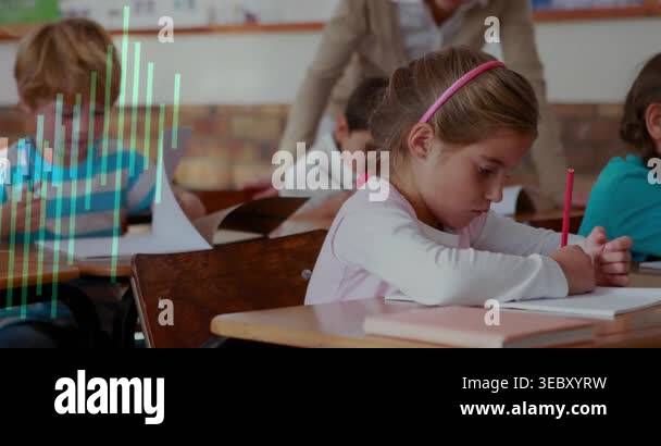 Girl pink headband writing classwork audio bars appearing overlaying ...