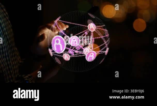 Man touching device and pinching AR network, organizing pink nodes into ...