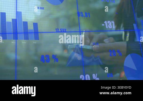 Animation of data processing and diagrams over woman using smartphone ...