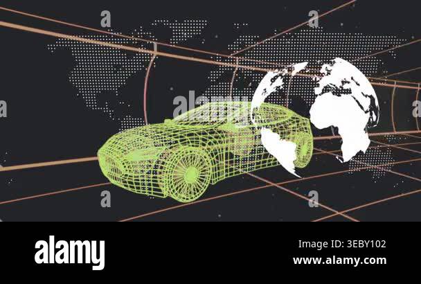 Green wire car holding on grid while globe appearing rotating covering ...