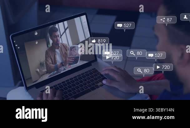 Viewer opening call host showing magazine on laptop while social-media ...