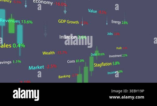 Animation of financial data processing against grey background. Global ...