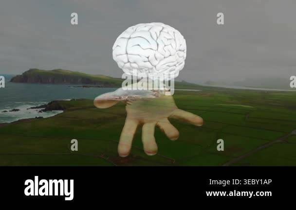 Hovering faint hand holding rotating white 3D brain above coastal ...