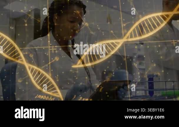 Lab tech tapping tablet causing DNA overlay crossing front and behind ...