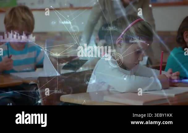 Girl writing with pink headband in classroom, HUD rising over books ...
