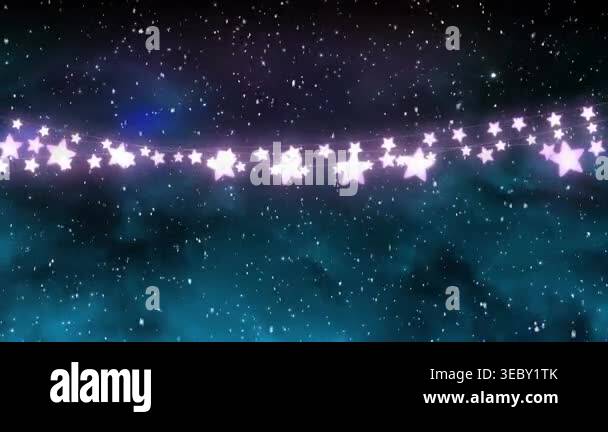 Animation of snow falling over christmas fairy lights decorations ...