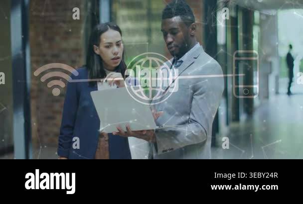 Man angling laptop; woman reviewing folder in hall WiFi icons animating ...