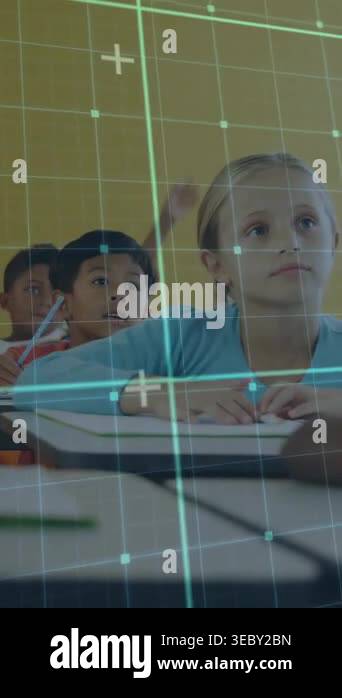 Students sitting in classroom following teacher prompt, girl raising ...