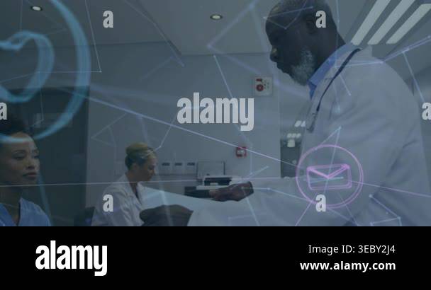 Clinic doctor reading blue folder, extending it while holo icons ...