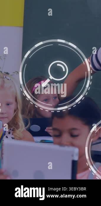 Vertical video: School kids tapping tablets showing HUD, teacher coming ...
