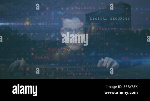 Animation of cyber security over caucasian hacker and night cityscape ...