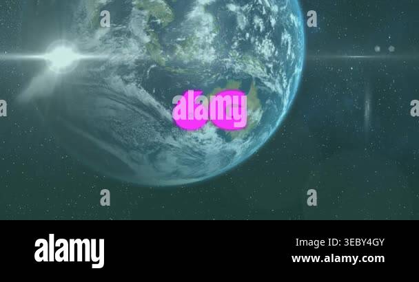Animation of 6g text banner against light spot and globe in space ...