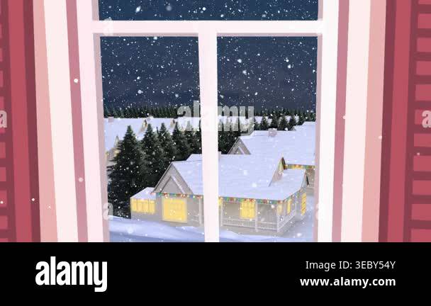 Animation of window and snow falling over winter landscape at christmas ...
