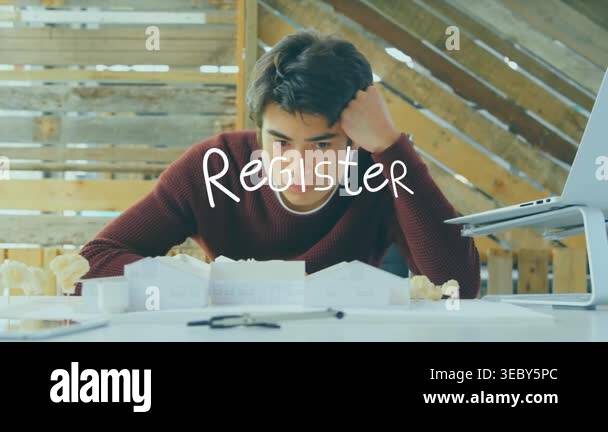Animation of register text over asian man. Social media, technology and ...