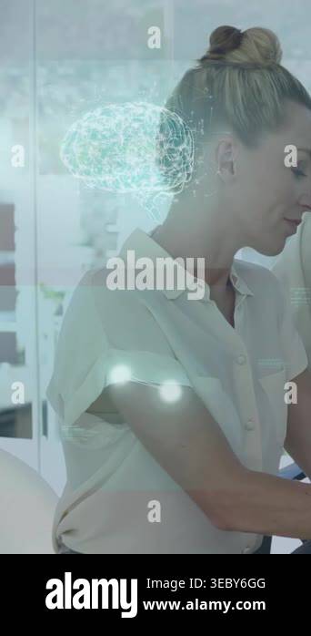 Vertical video: Desk woman, cyan holo brain rising and sending nodes ...
