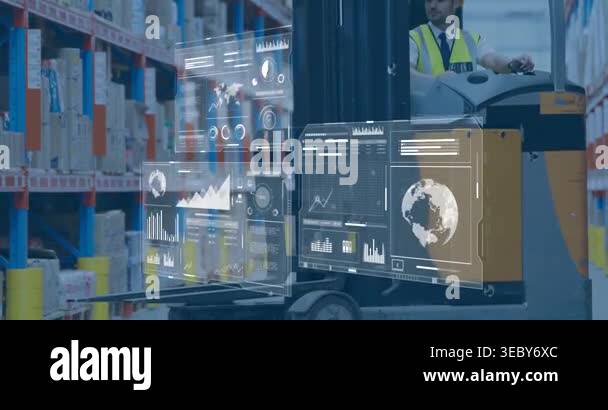 AR panels materializing, forklift operator driving reach truck ...