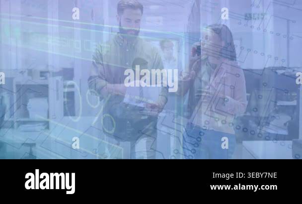 Animation of data processing over diverse coworkers in office. Business ...