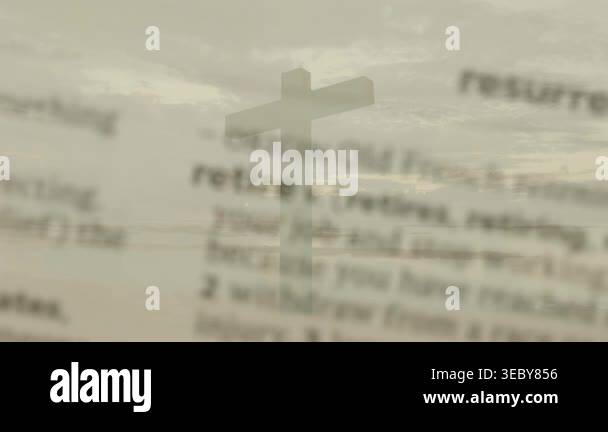 Focus shifting, dictionary page coming into clarity, translucent cross ...