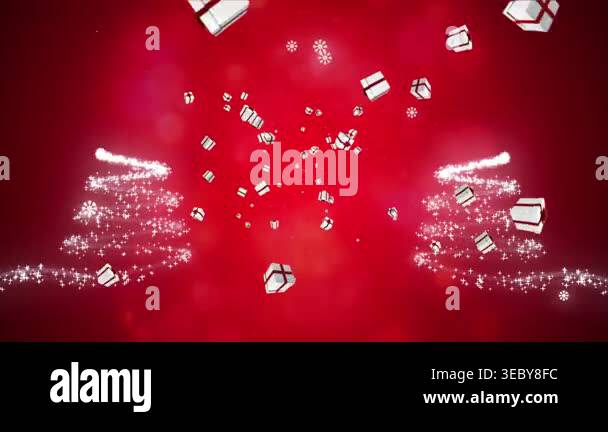 Animation of presents and snow over christmas trees on red backrgound ...