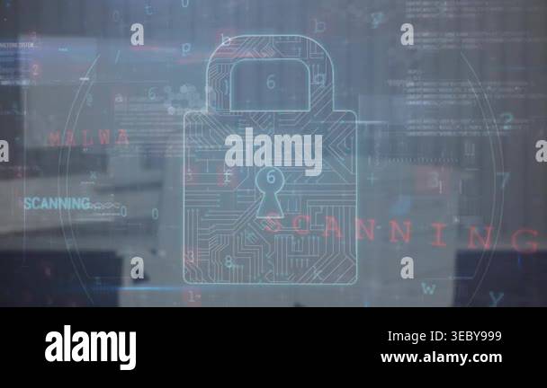 Animation of cyber security data processing and security padlock icon ...