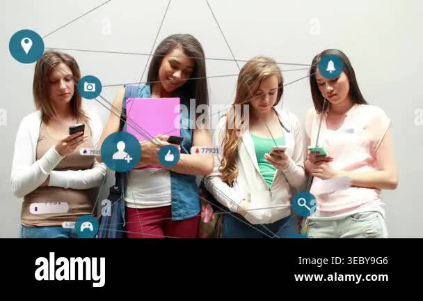 Four females tapping phones, multiplying icons and badges, overlaying ...